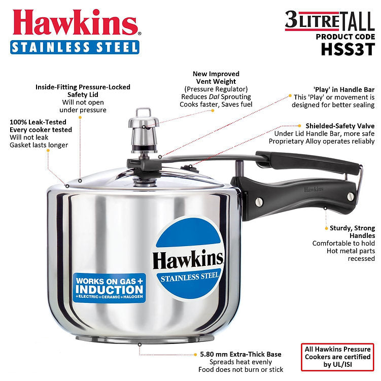 Hawkins Stainless Steel 3 Liter Induction Pressure Cooker – Tall & Dur ...